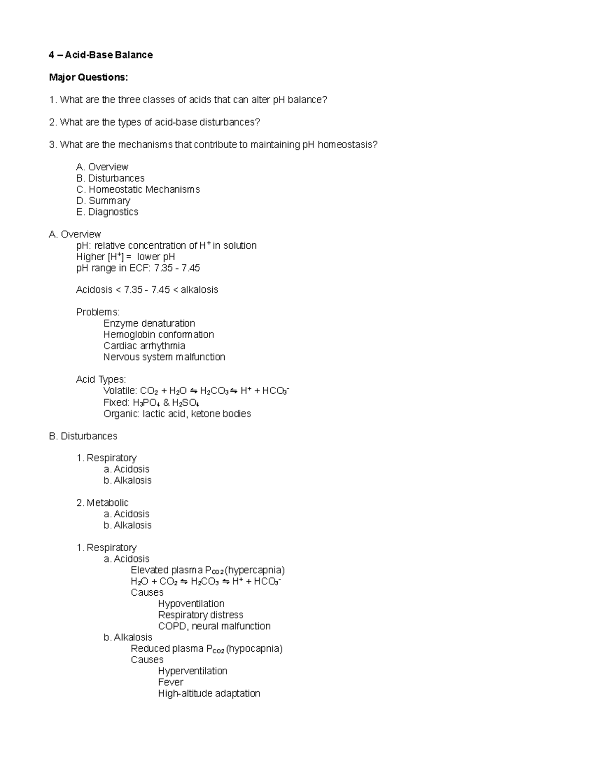 4 - Acid-base Balance - 4 Balance Major Questions: 1. What are the ...