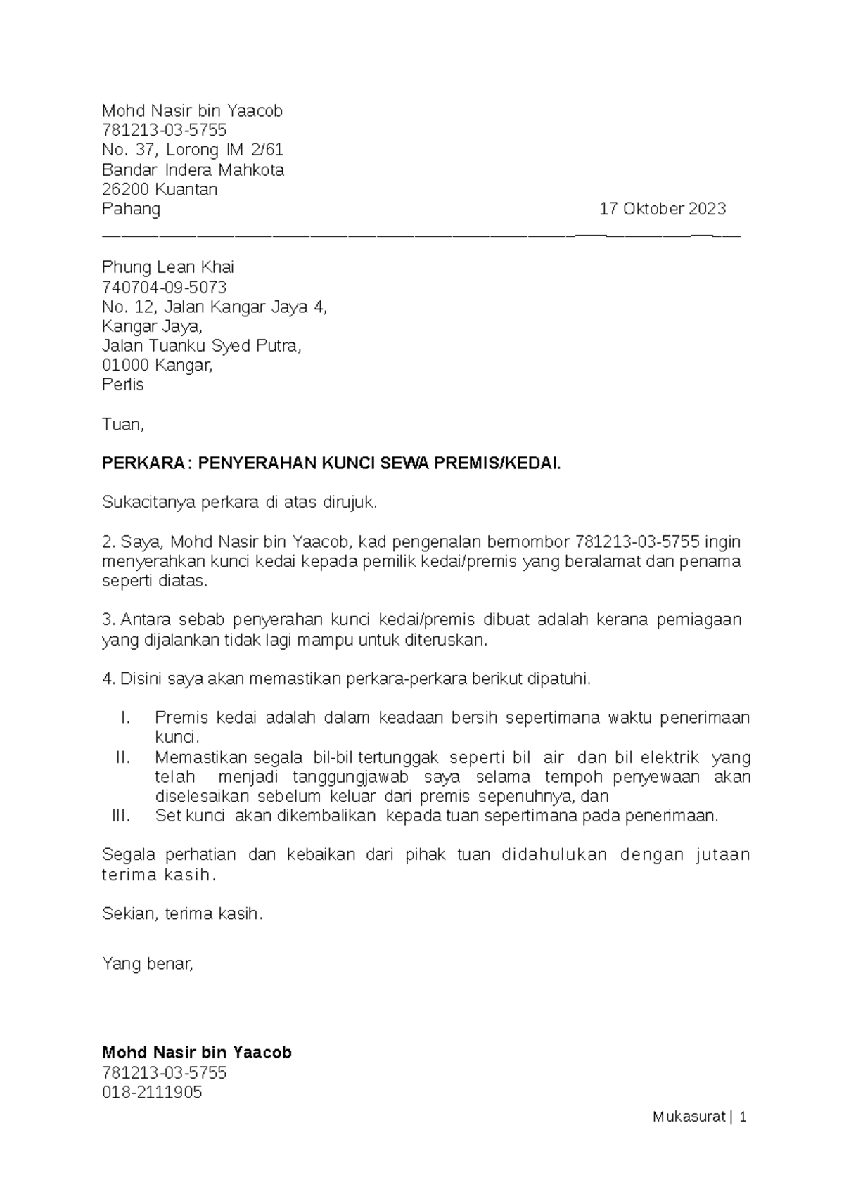 Surat untuk Mr Phung 2 - example of letter - Mohd Nasir bin Yaacob ...