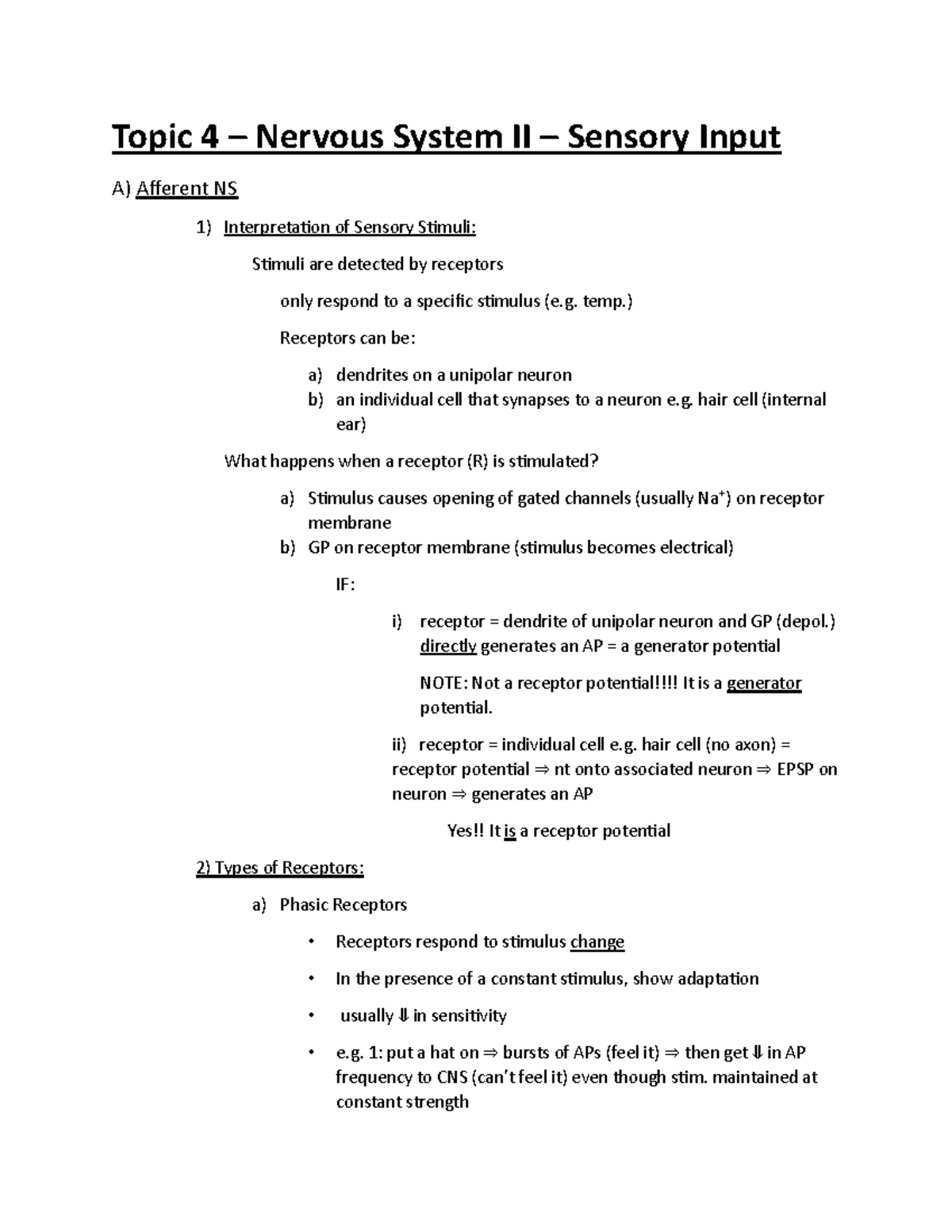 Topic 4 - Nervous System II - Sensory Input - Topic 4 – Nervous System ...