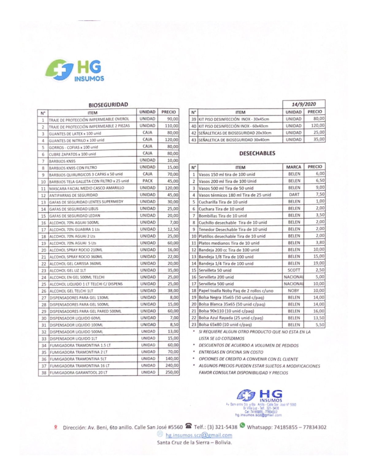 LISTA O CATALOGO DEL PROVEEDOR HG INSUMOS DE MATERIALES DE BIOSEGURIDAD - + HG INSUMOS ...