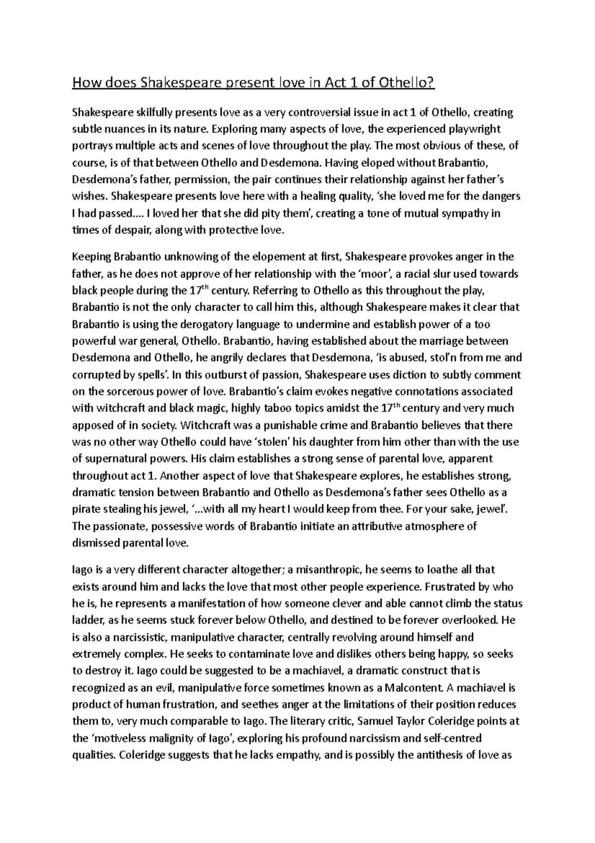 How does Shakespeare present love in Act 1 of Othello - Exploring many ...