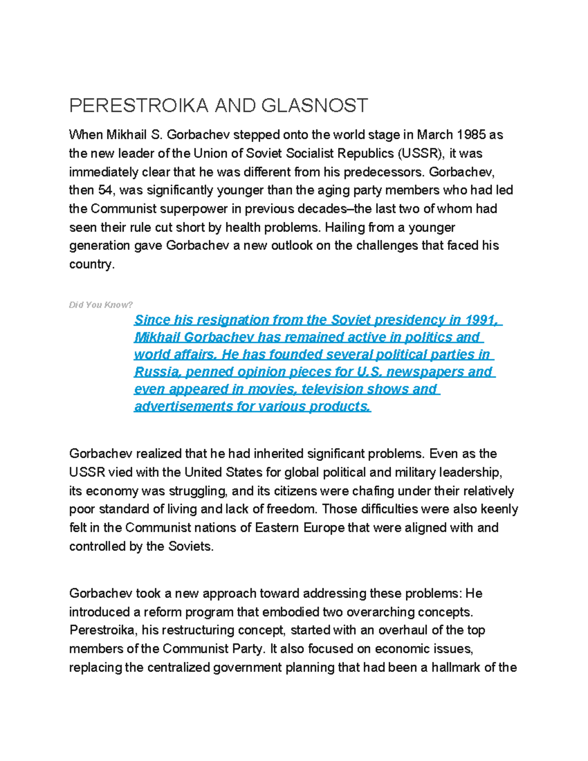 Perestroika AND Glasnost - PERESTROIKA AND GLASNOST When Mikhail S ...