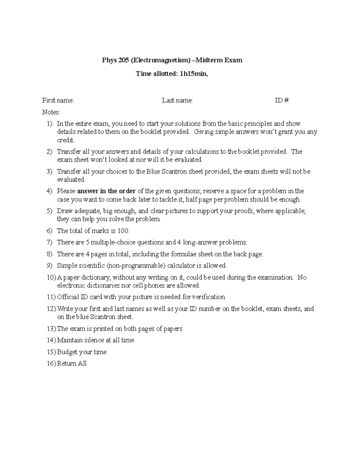 PHYS205 - Sample midterm - Phys 205 (Electromagnetism) –Midterm Exam ...