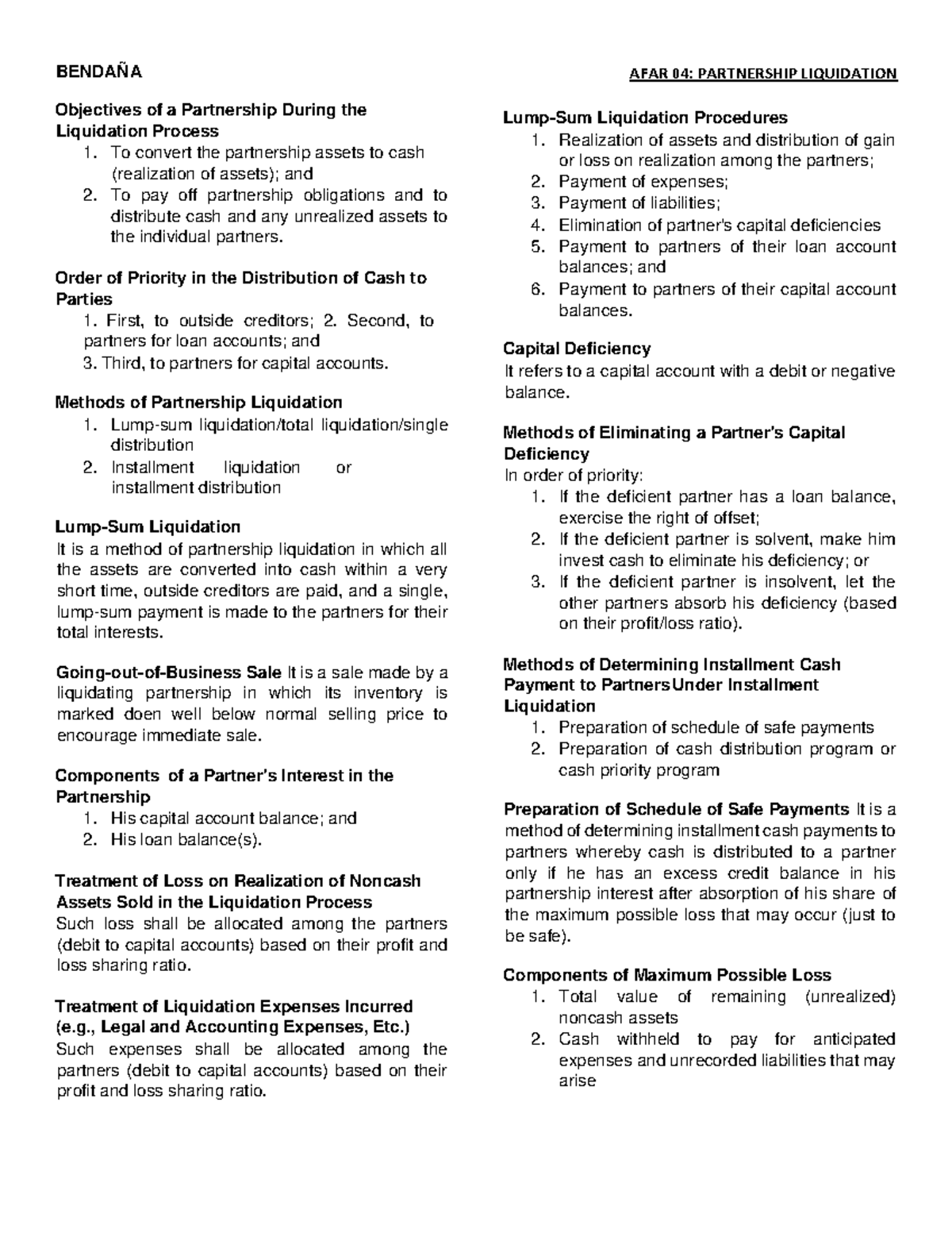 Liquidation – Reviewer - BENDAÑA Objectives of a Partnership During the ...