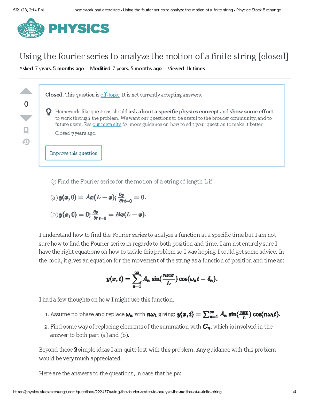 Homework and exercises - Using the fourier series to analyze the motion of a finite string ...