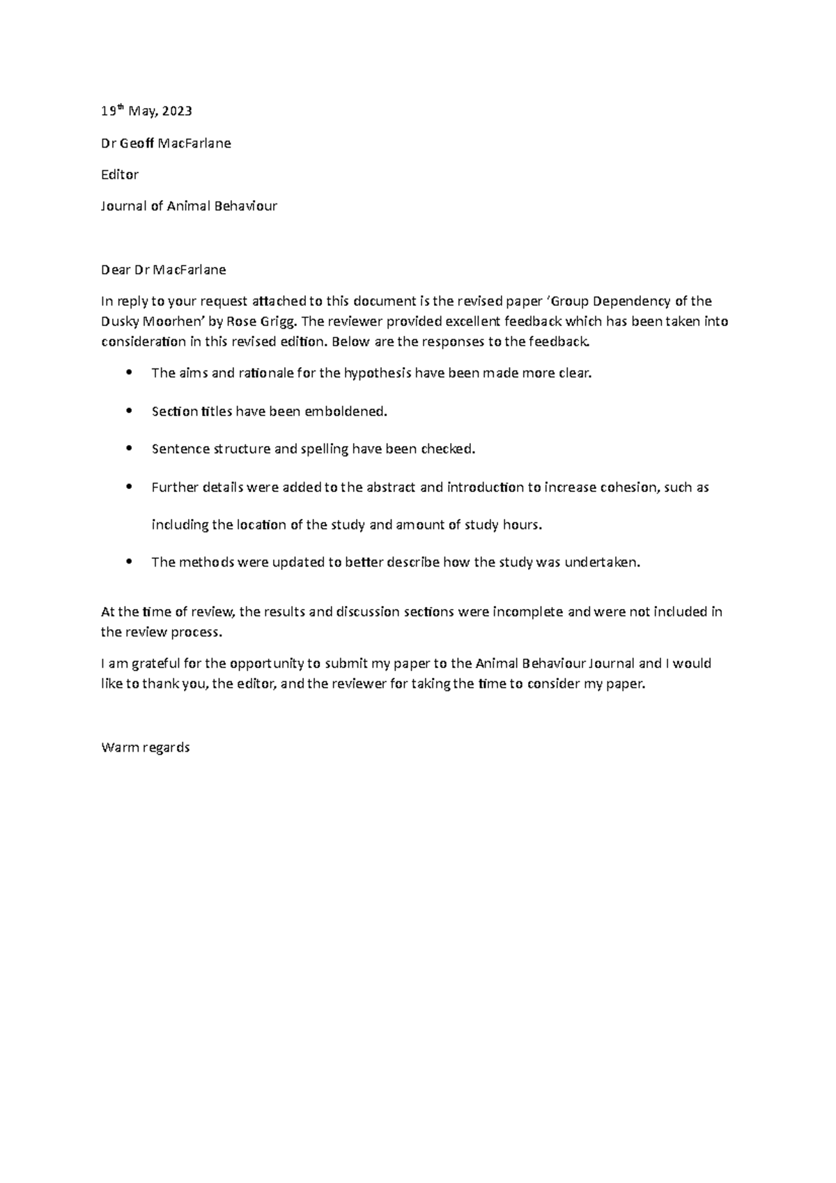 Letter to the Editor - 19 th May, 2023 Dr Geoff MacFarlane Editor ...