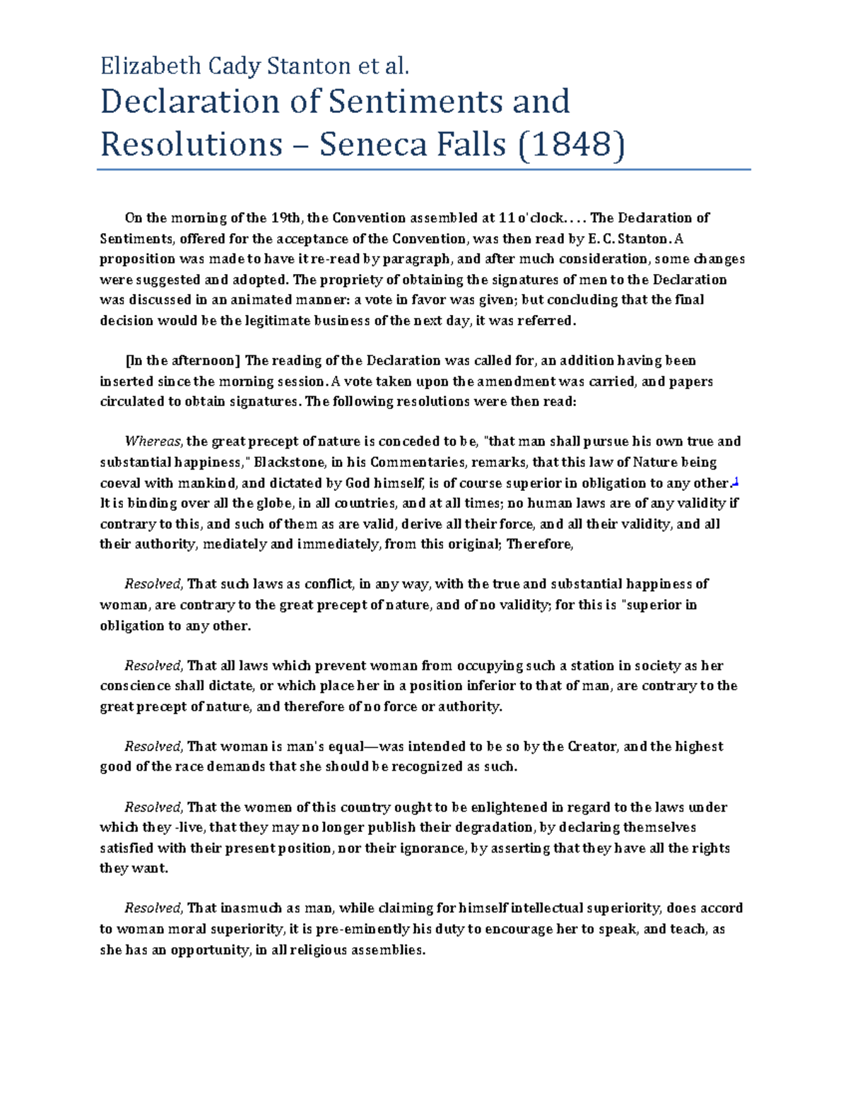 1848Declarationof Sentiments - Elizabeth Cady Stanton et al ...