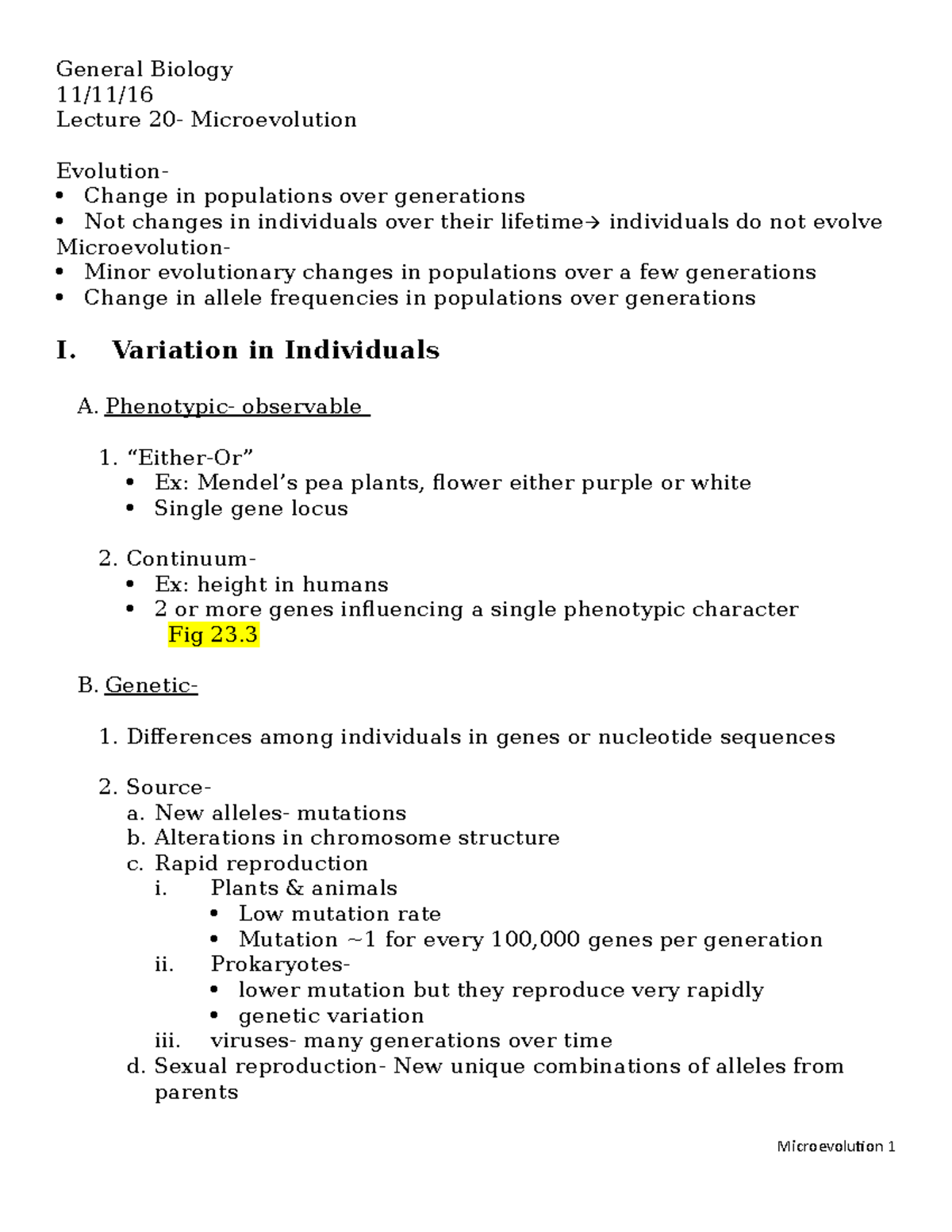 Lecture 20 Microevolution General Biology 11 11 Lecture 20