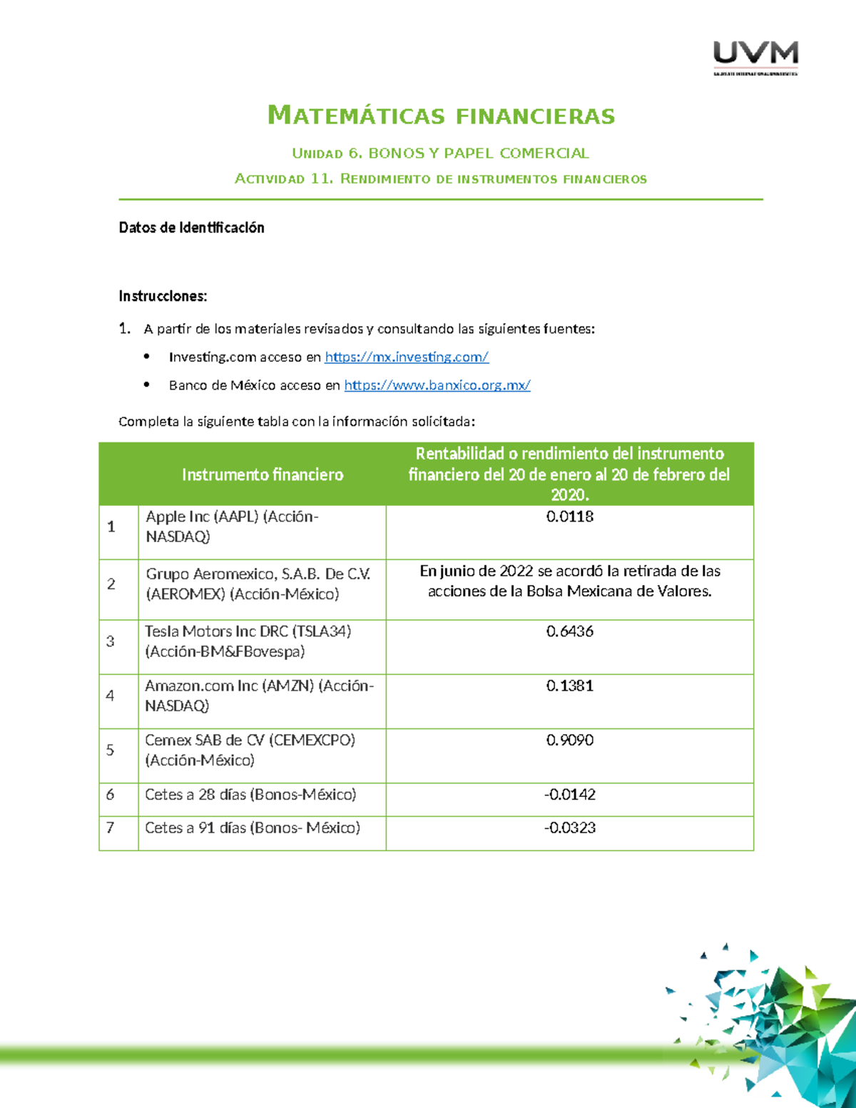 U6 Tabla Rendimiento A11 - MATEMÁTICAS FINANCIERAS UNIDAD 6. BONOS Y ...