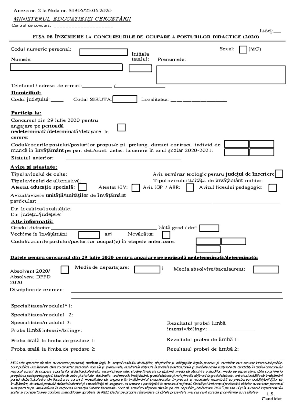 2020 Fisa inscriere concurs - L. MEC este operator de date cu caracter ...