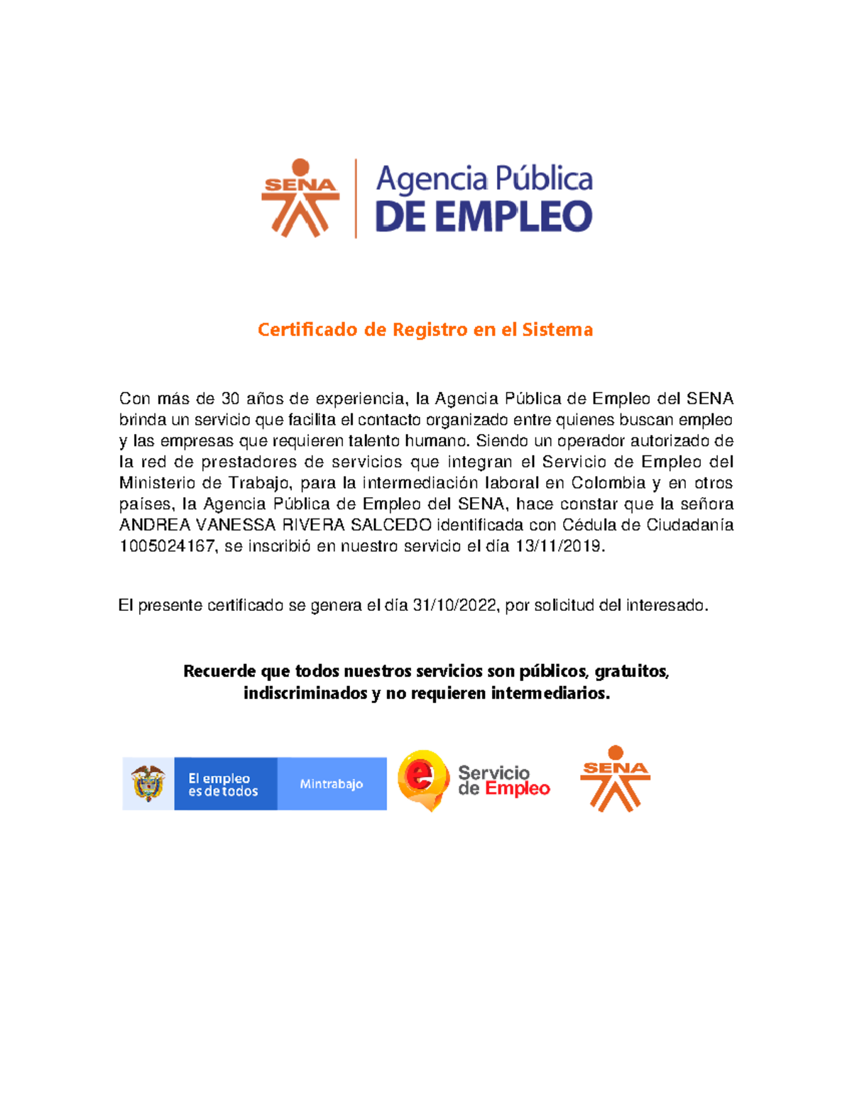 Certificado Agencia DE Empleo 15940279 - Certificado de Registro en el ...