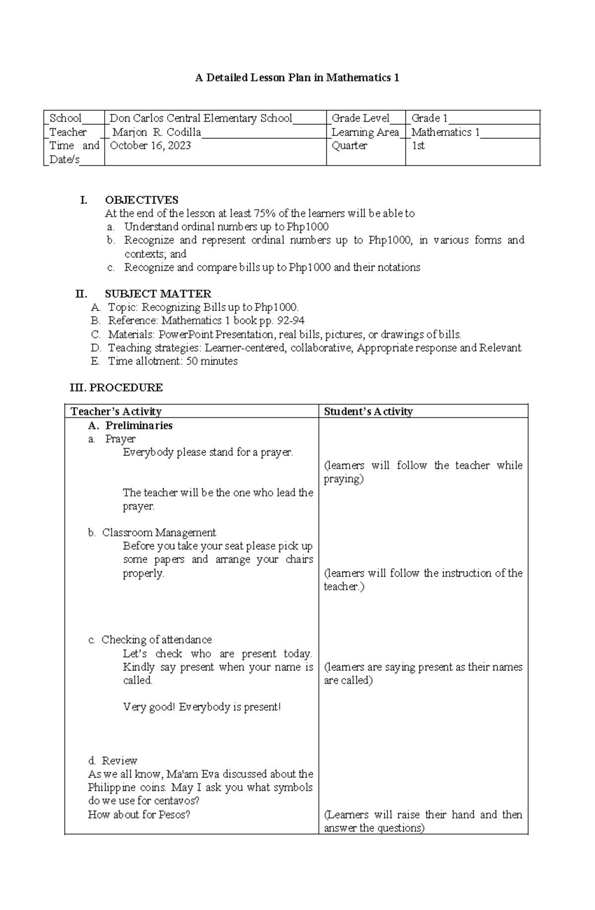 Monday MATH 1 - A Detailed Lesson Plan in Mathematics 1 School Don ...