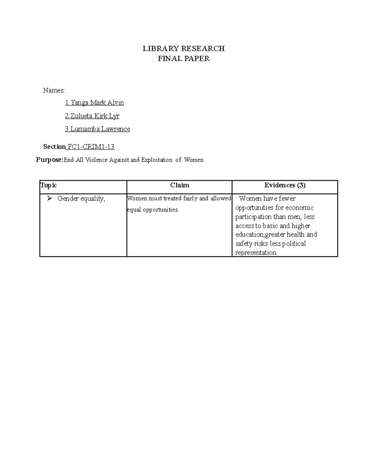 Library research - essays - LIBRARY RESEARCH FINAL PAPER Names: 1 Mark ...