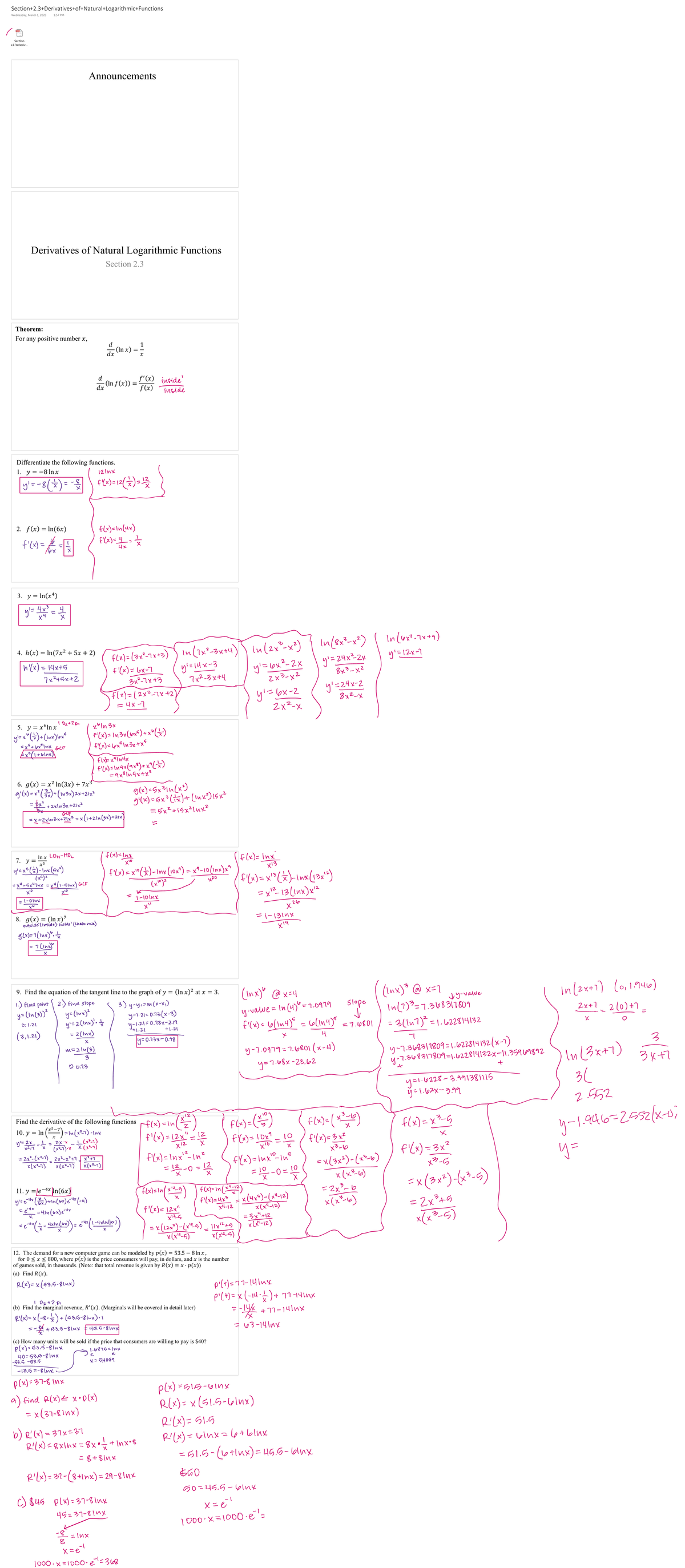 Section 2.3 Derivates of Natural Logarithmic Functions - MA 1613 - Sec ...