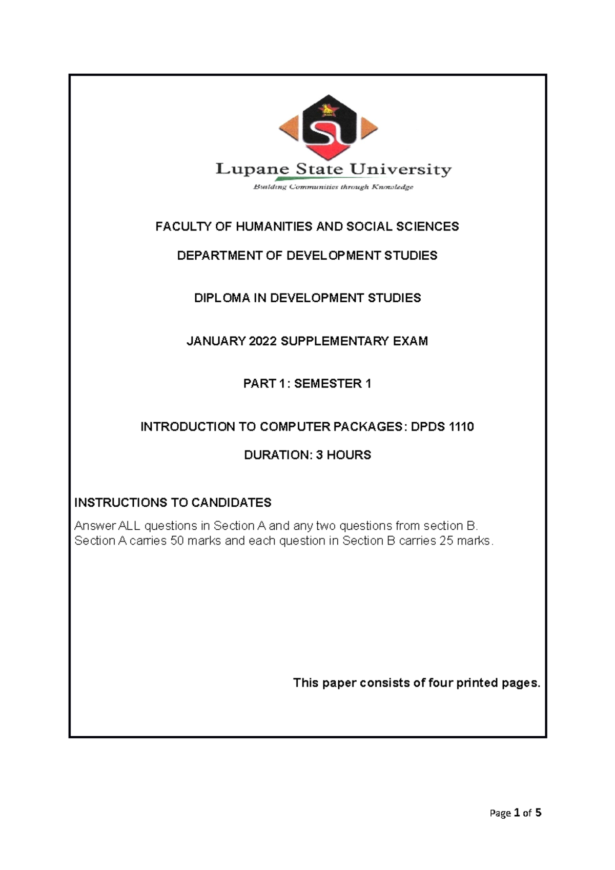 Dev past paper 1 - FACULTY OF HUMANITIES AND SOCIAL SCIENCES DEPARTMENT ...