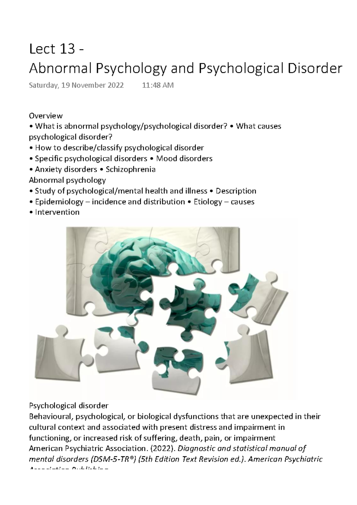 Lect 13 - Abnormal Psychology and Psychological Disorder pt 1 ...