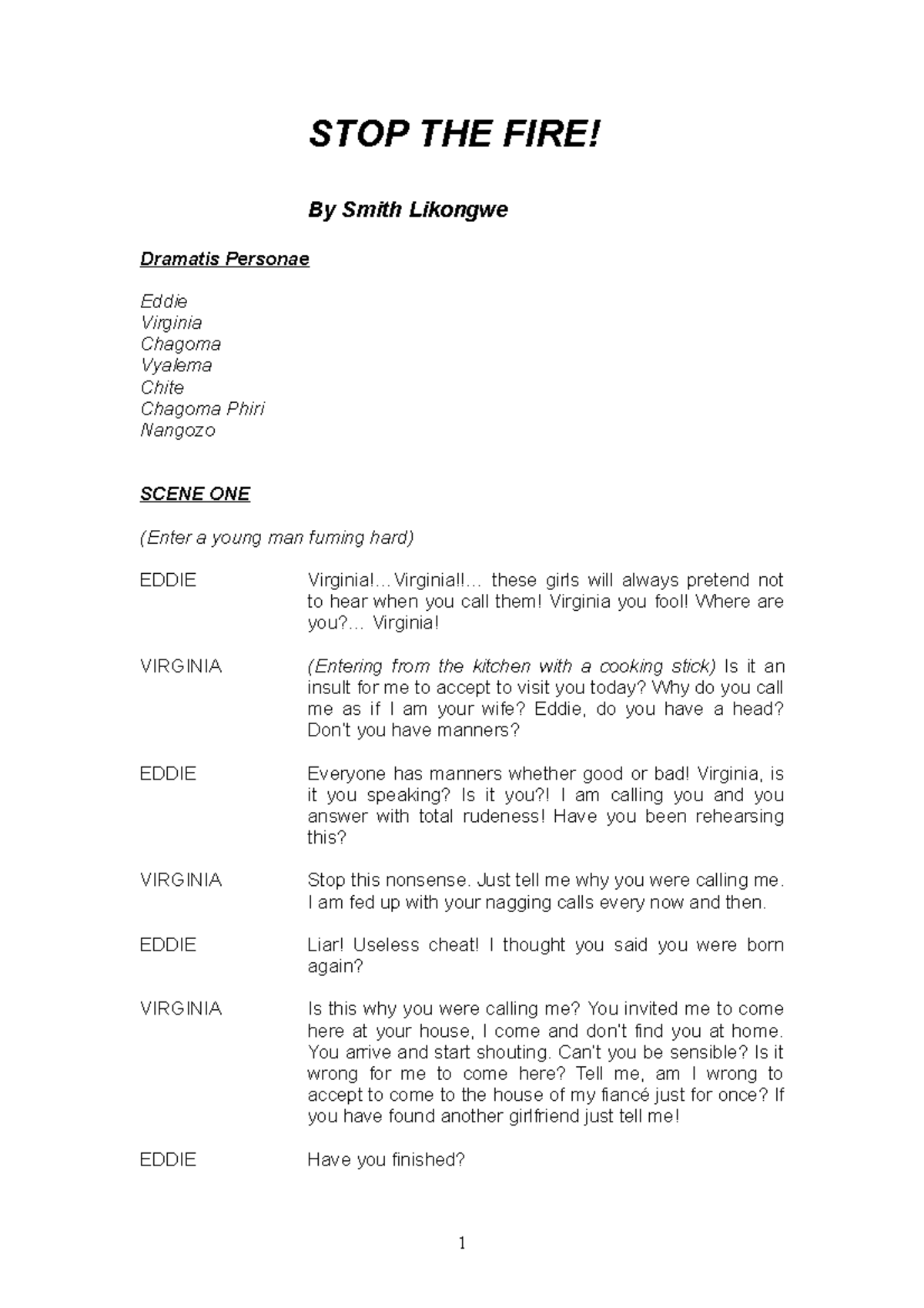 Stop the fire - class notes - STOP THE FIRE! By Smith Likongwe Dramatis ...