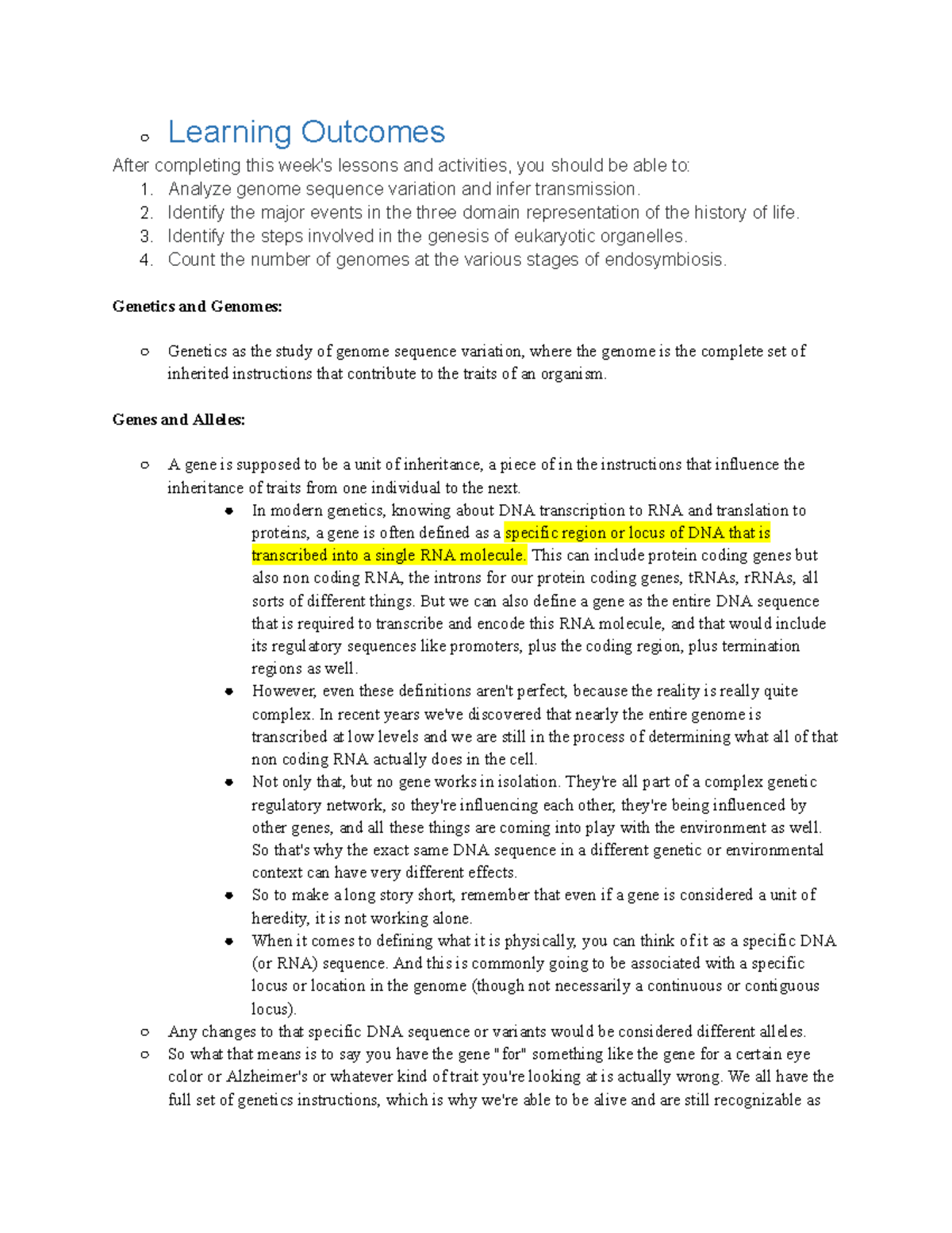 Genetics 2581 - week 1 lecture - Learning Outcomes After completing ...
