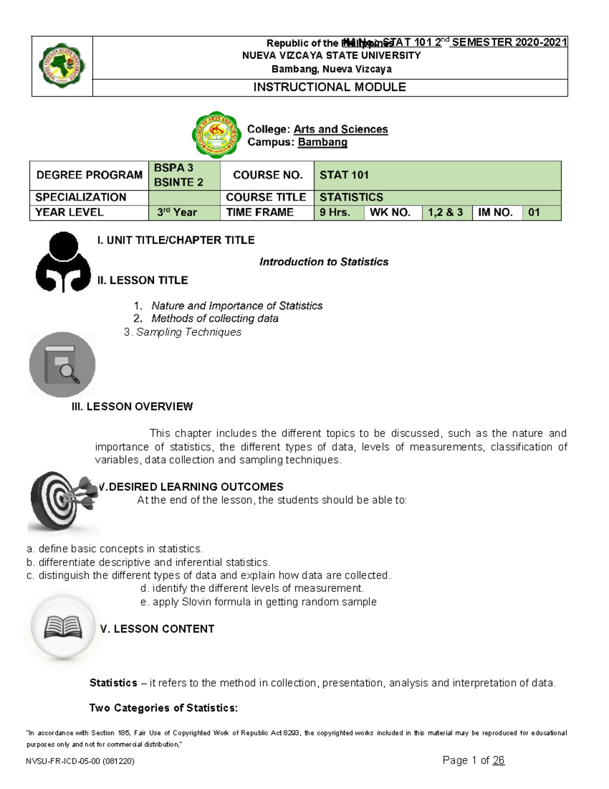 Module-IN- Statistics - 3. Sampling Techniques III. LESSON OVERVIEW ...