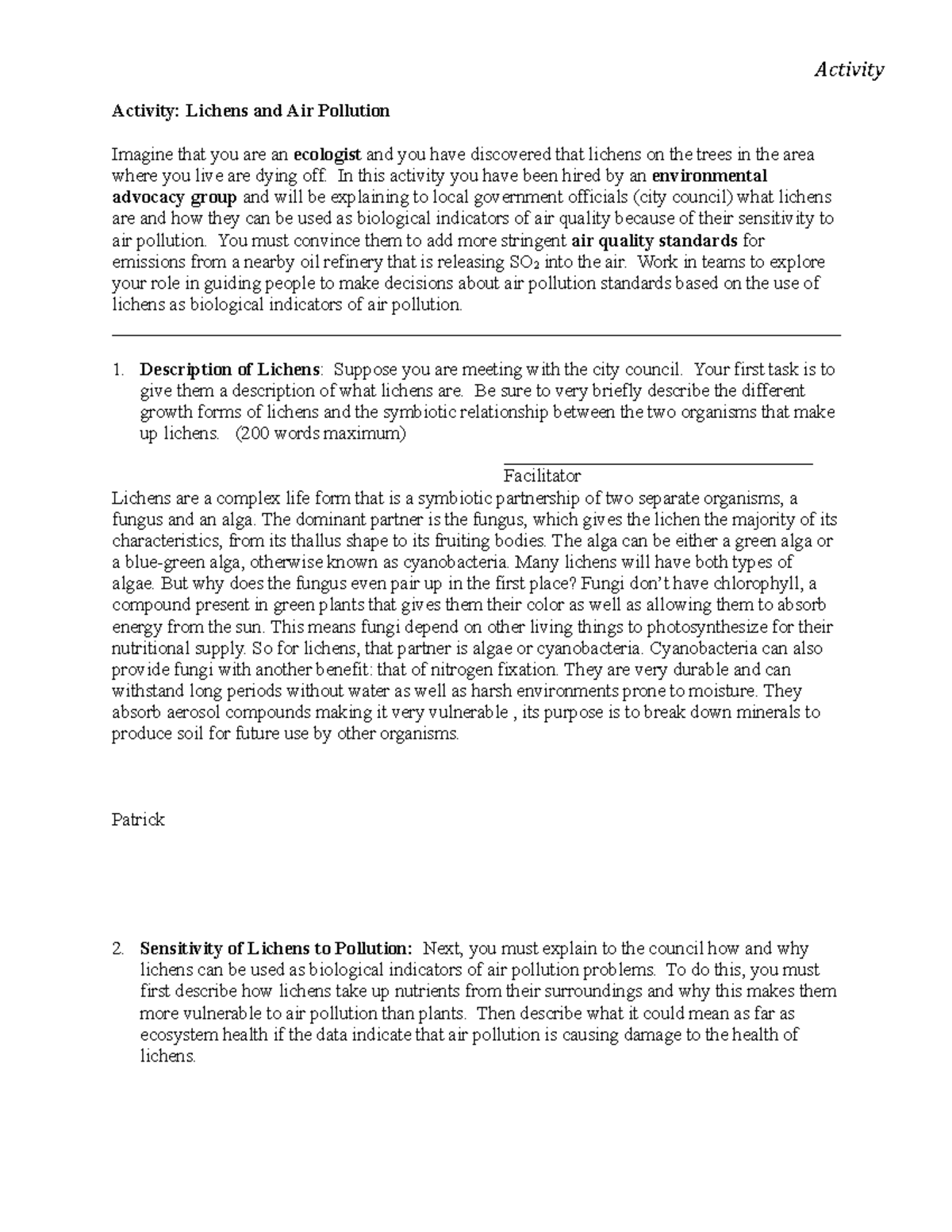 Lab 6 Lichens - bio II lab - Activity Activity: Lichens and Air ...