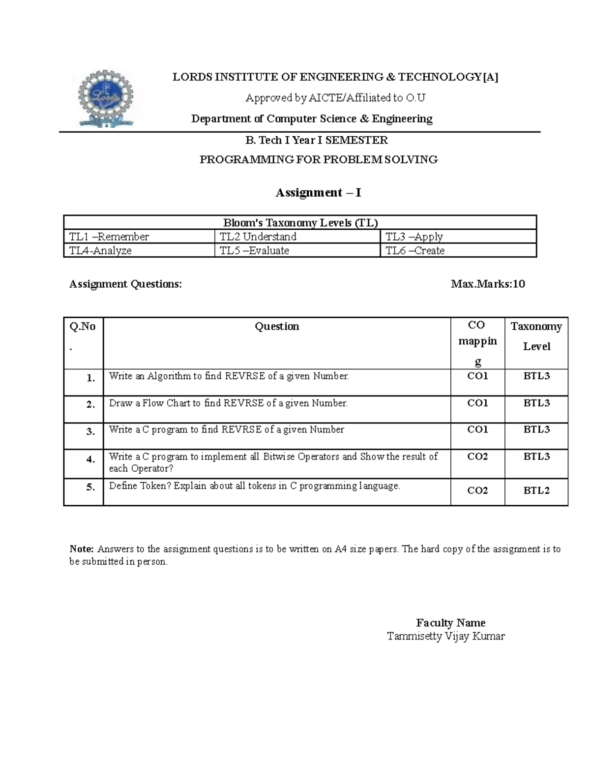 PPS UNIT-1 Assignment - fds - LORDS INSTITUTE OF ENGINEERING ...