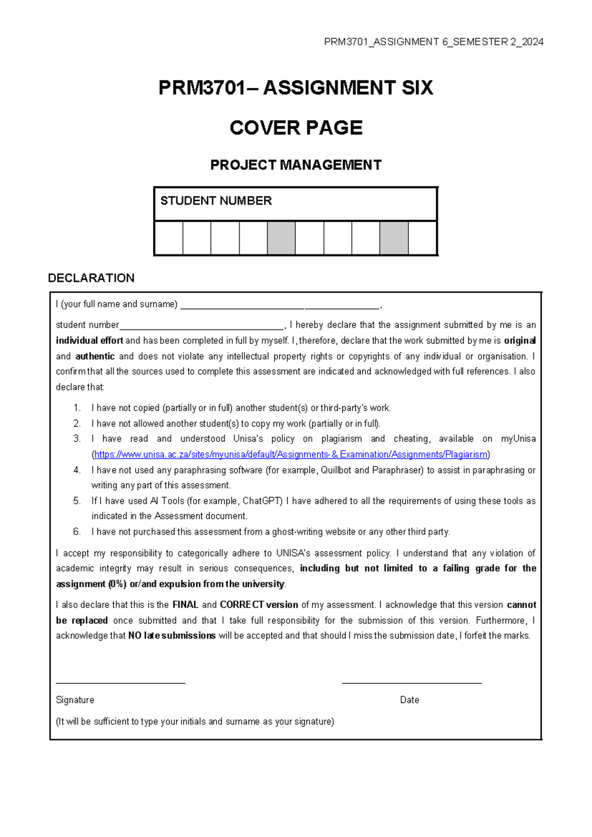 PRM3701 Assessment Semester 2 2024 s2 up - PRM3701– ASSIGNMENT SIX ...