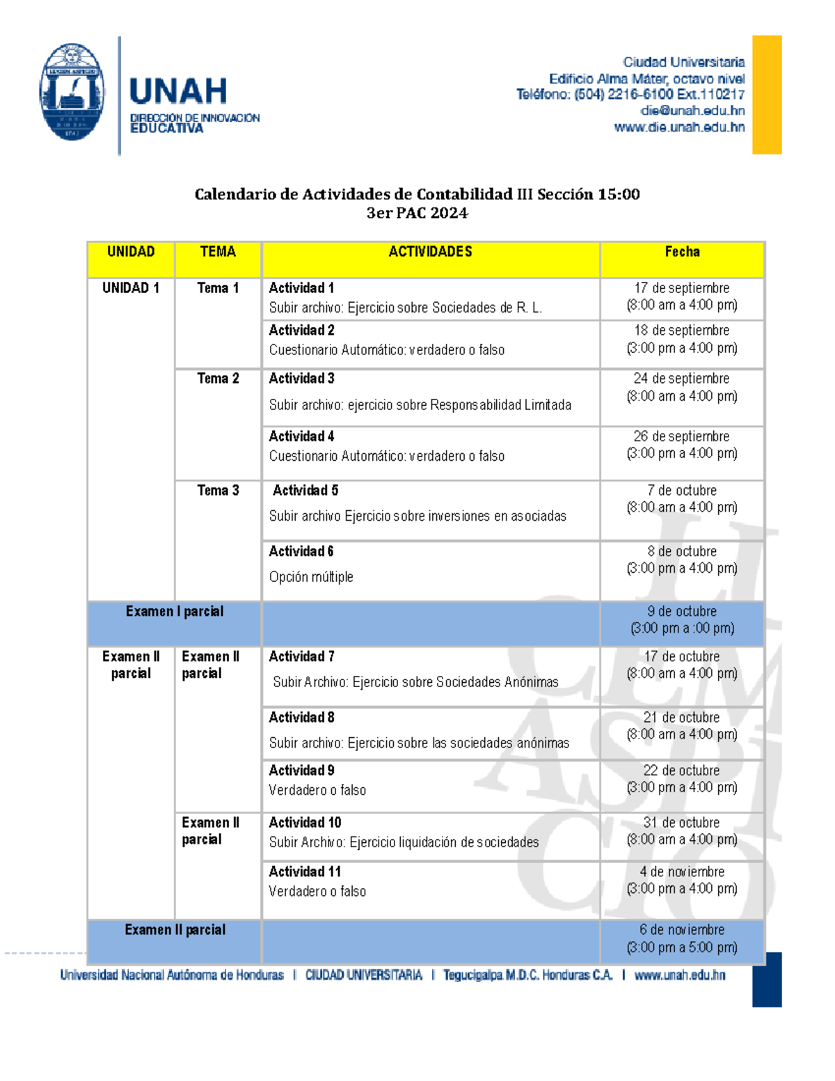 Calendario actividades contabilidad III seccion 1500 III PAC 2024 ...
