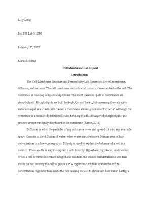 Cell Membrane Structure and Permeability Lab Report - Shayna Stiffler ...