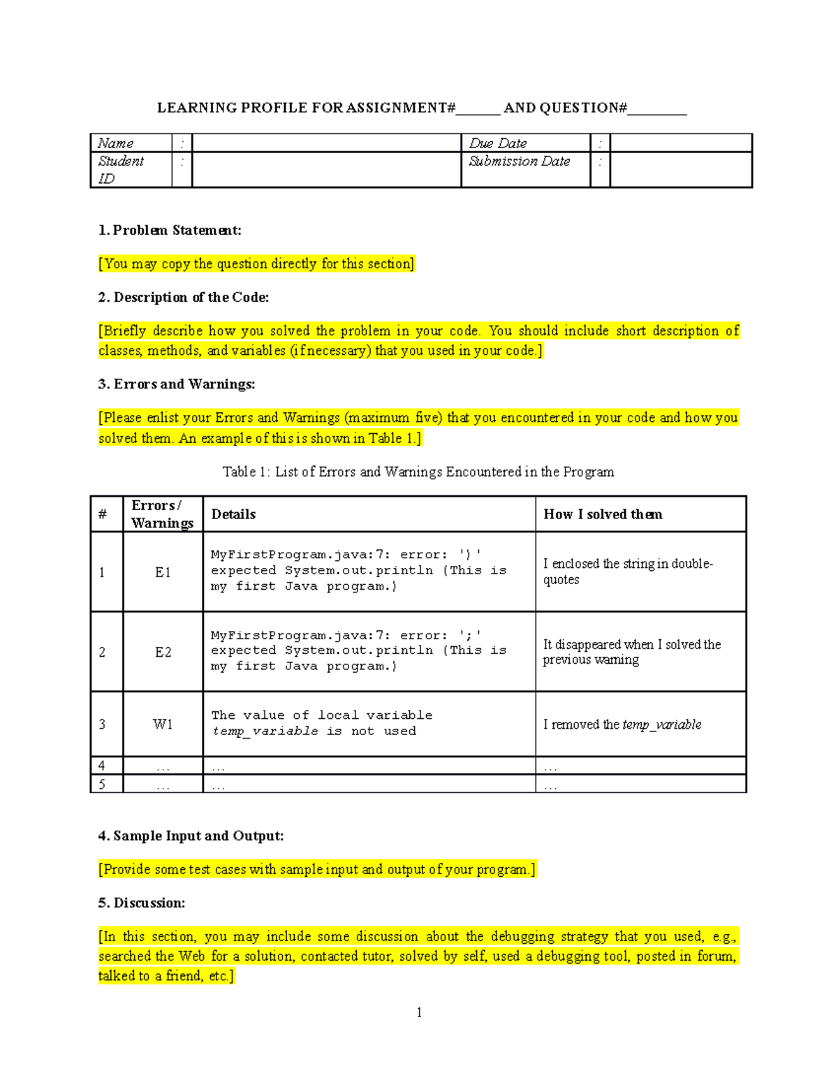 My Program Profile - This sheet has to be filled out along with the ...