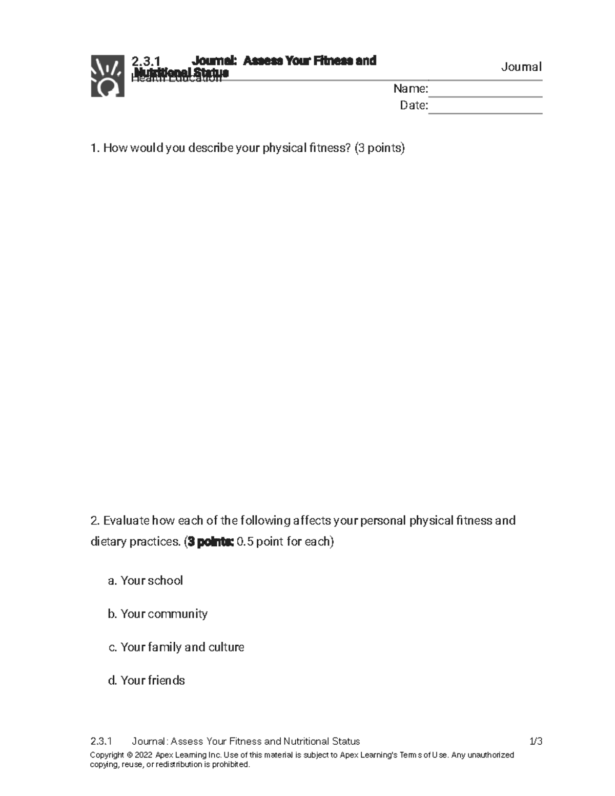 2.3.1 Journal - Assess Your Fitness and Nutritional Status (Journal ...
