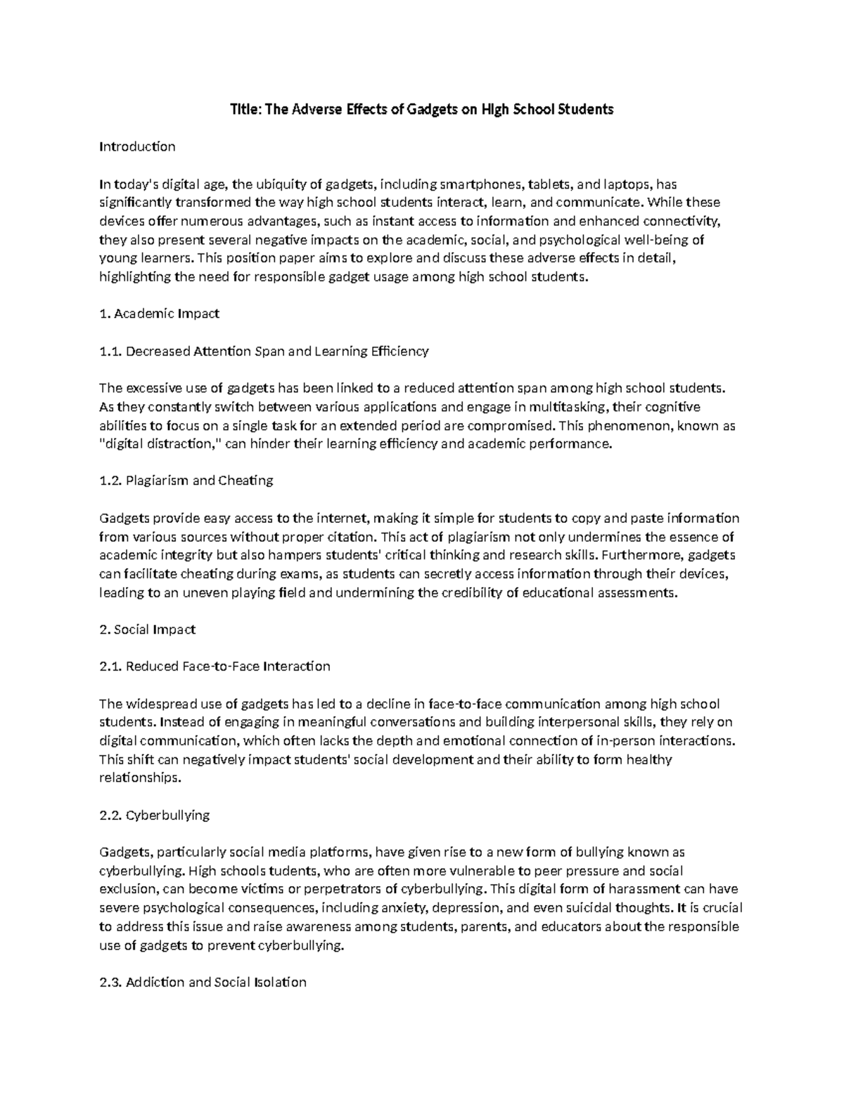 The Adverese Effects of Gadgets to High School Students - Title: The ...