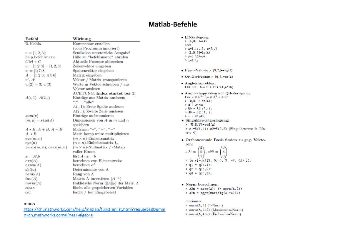 Basic Matlab Befehle - Linear Algebra I - more: - Studocu