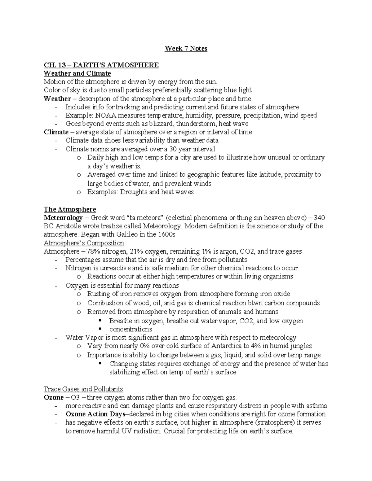 Week 7 Notes - Week 7 Notes CH. 13 – EARTH’S ATMOSPHERE Weather and ...
