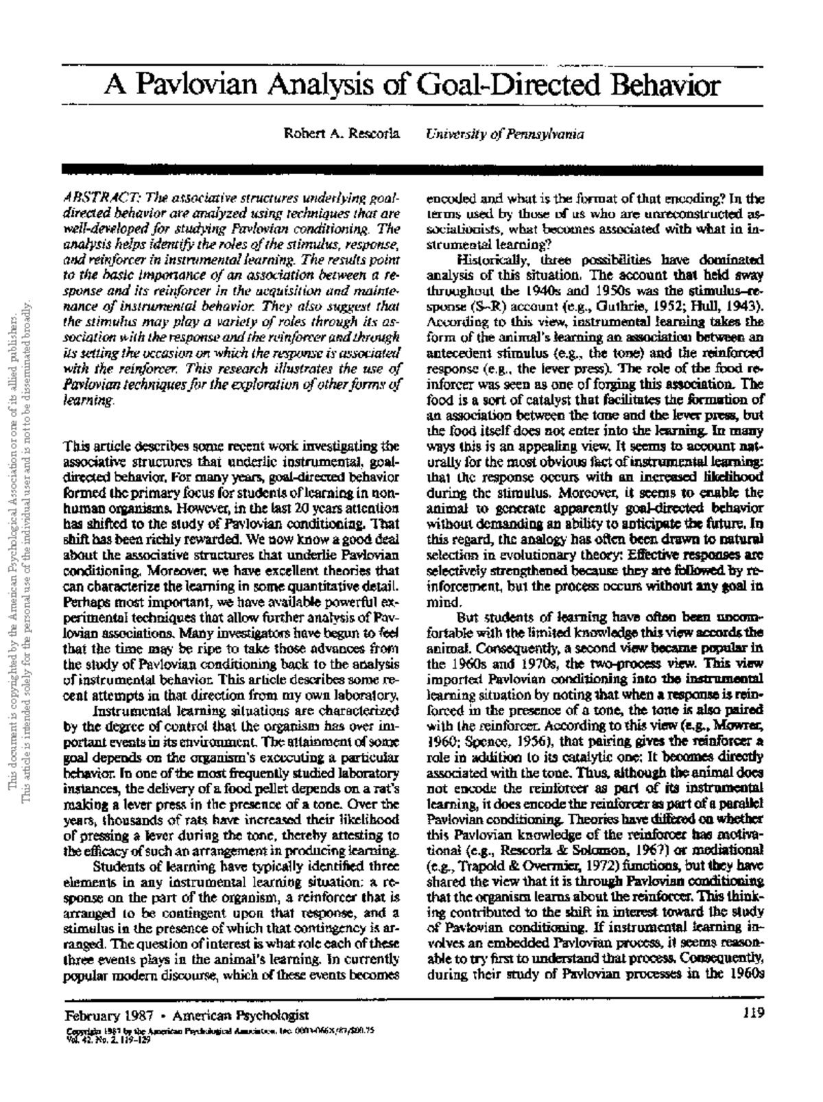 Rescorla 1987 - A Pavlovian Analysis of Goal-Directed Behavior Robert A ...