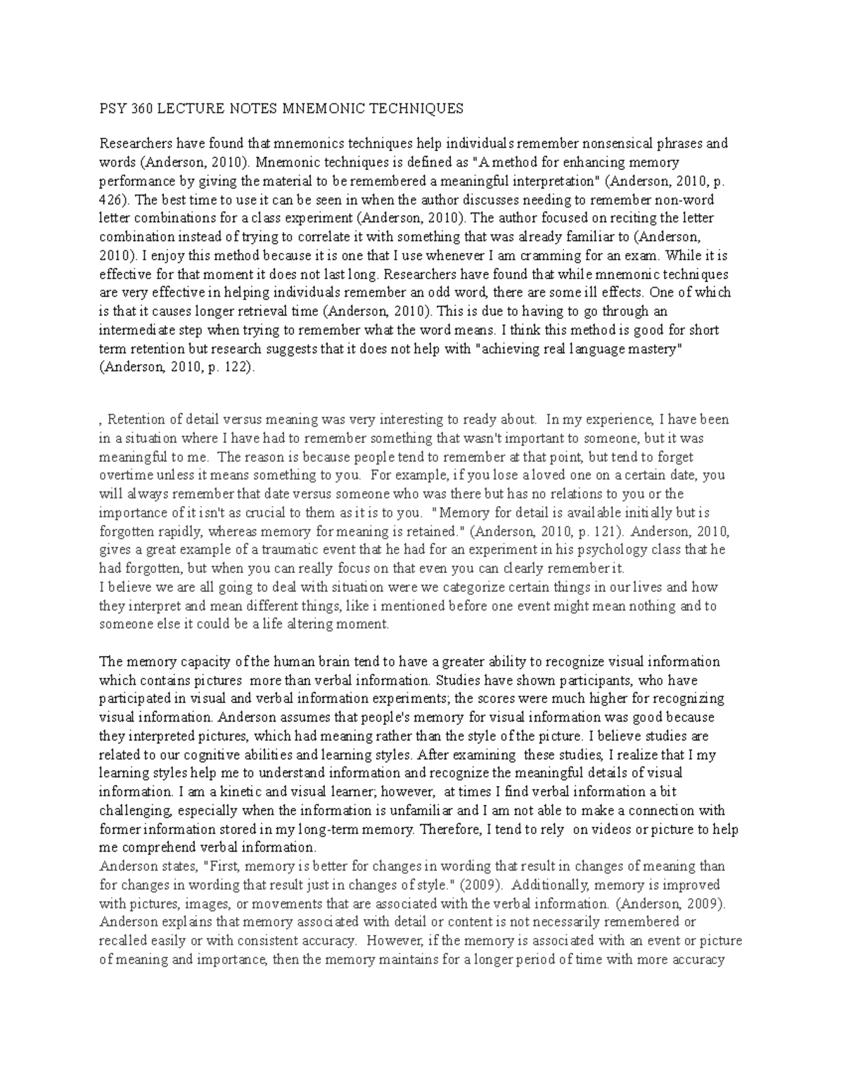 Psy 360 Lecture Notes Mnemonic Techniques Psy 360 Lecture Notes Mnemonic Techniques