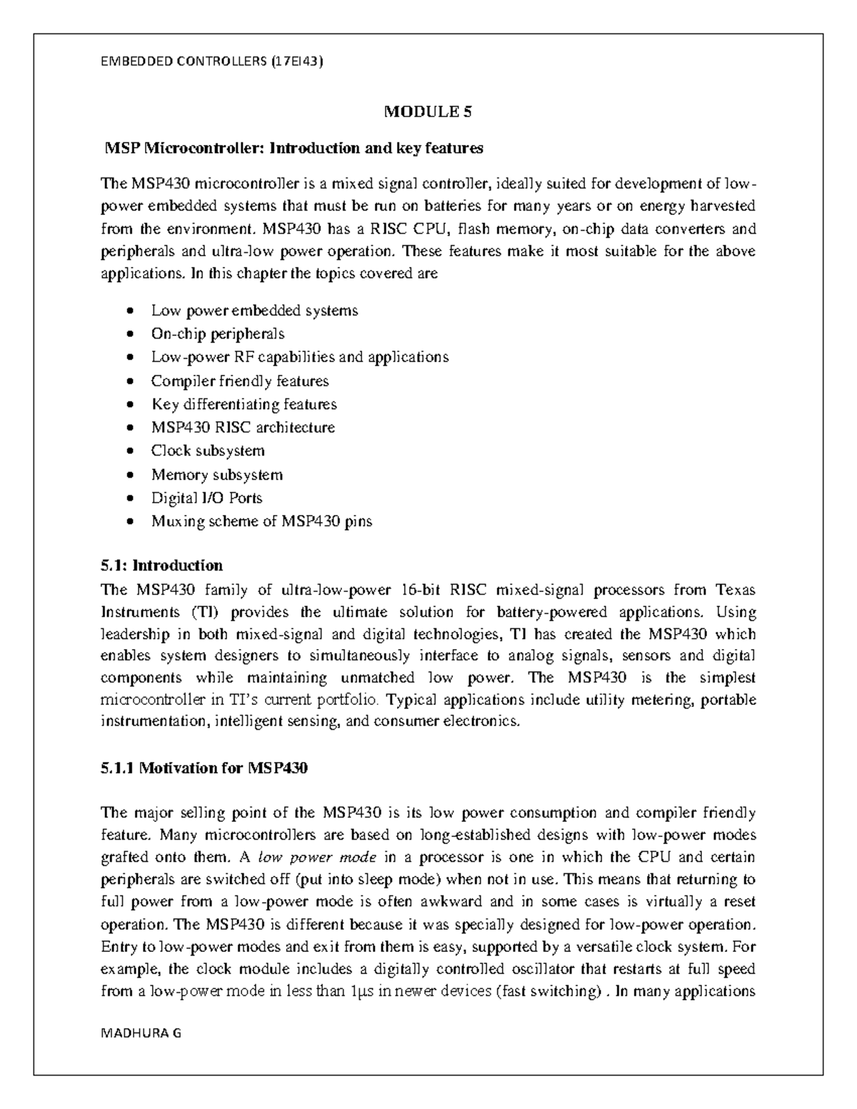 Module 5-MSP - nil - MODULE 5 MSP Microcontroller: Introduction and key ...