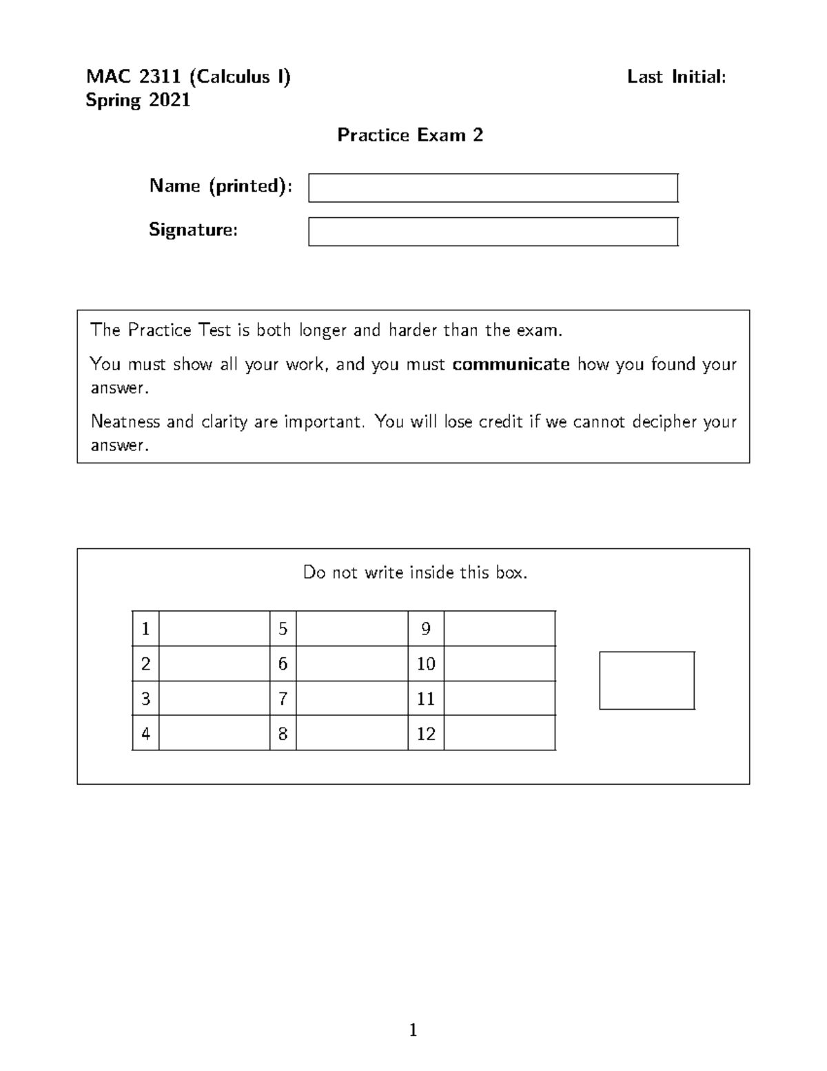 Practice Exam 2 - MAC 2311 (Calculus I) Last Initial: Spring 2021 ...