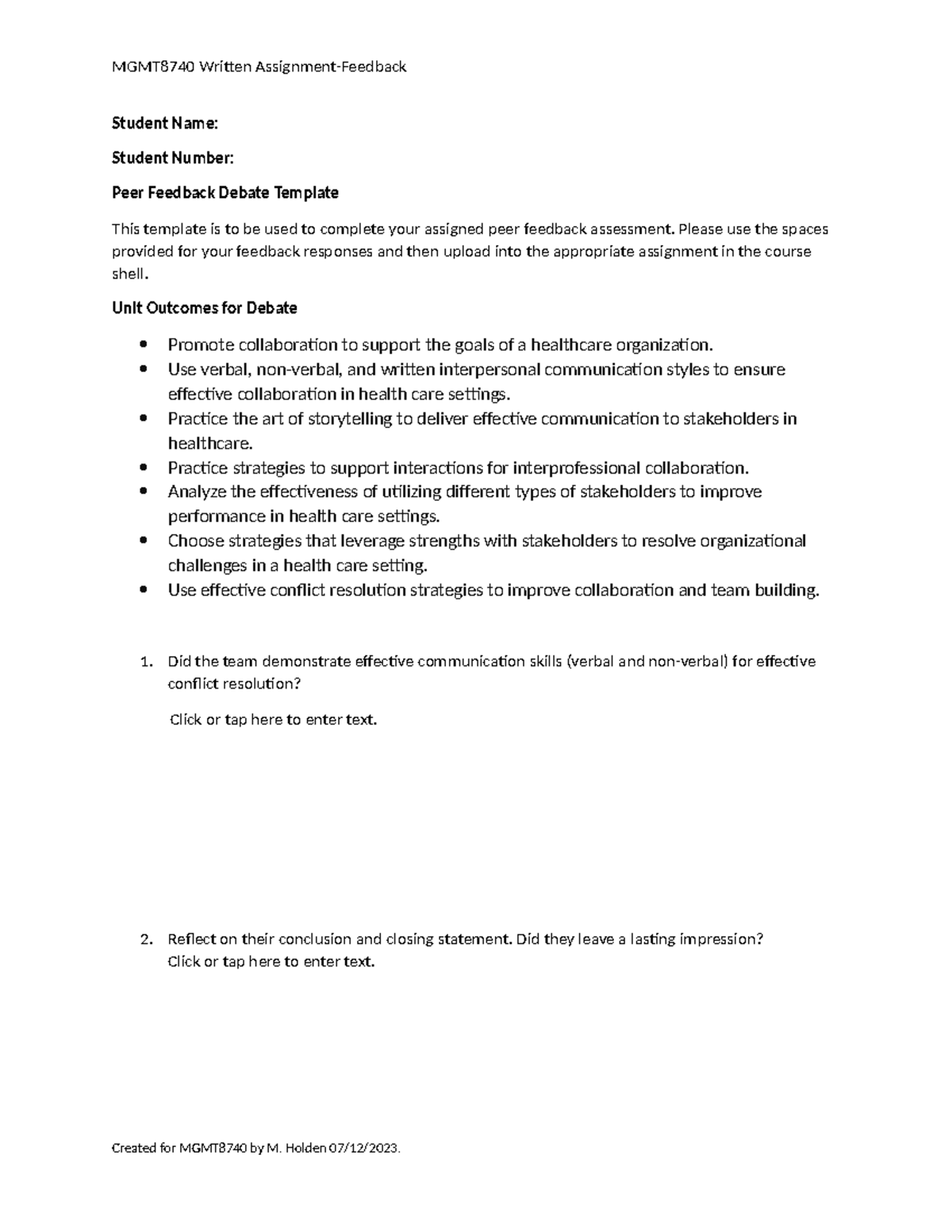 Student feedback template for Debate fillable form1 - MGMT8740 Written ...