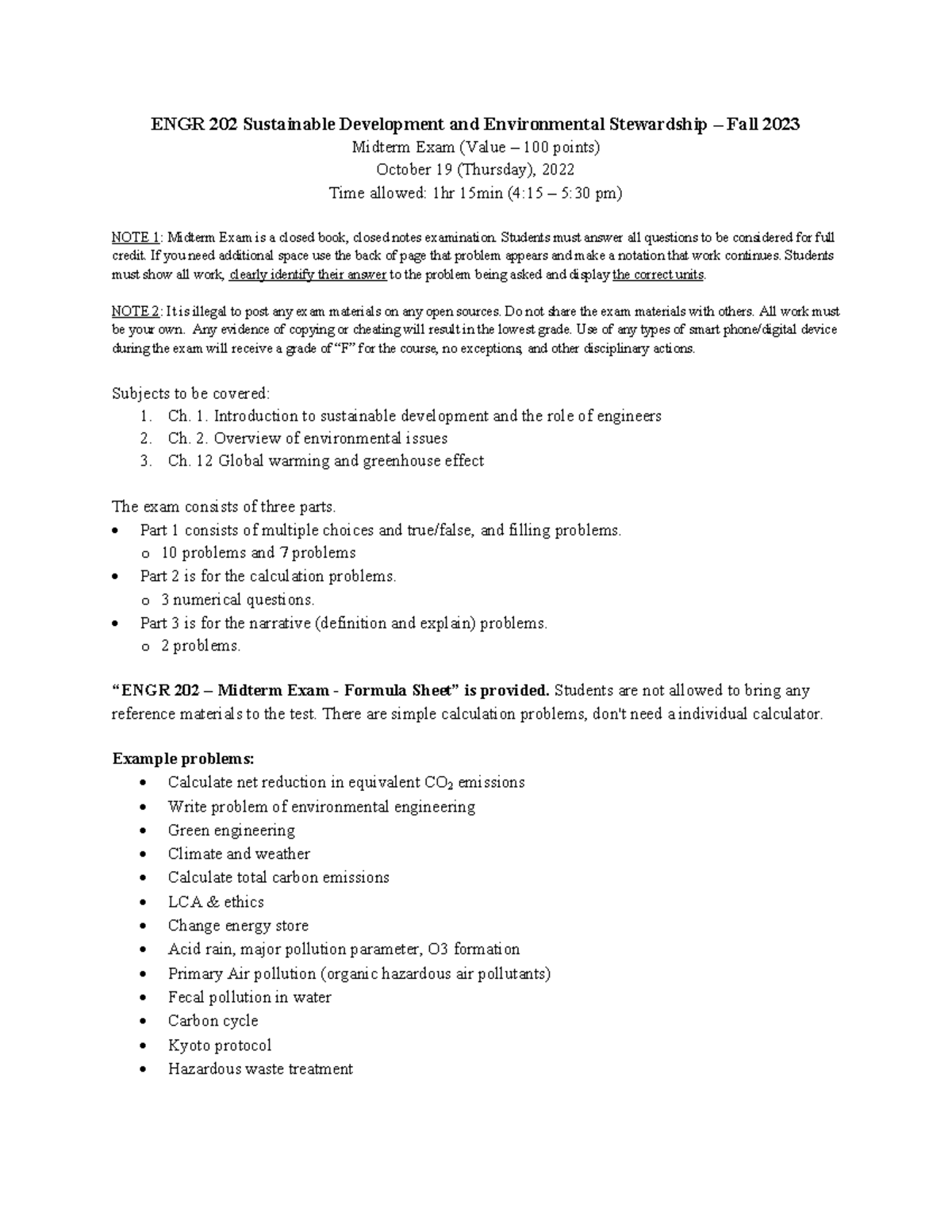 Mid Exam format ENGR 202 H Fall 2023 - ENGR 202 Sustainable Development and Environmental - Studocu