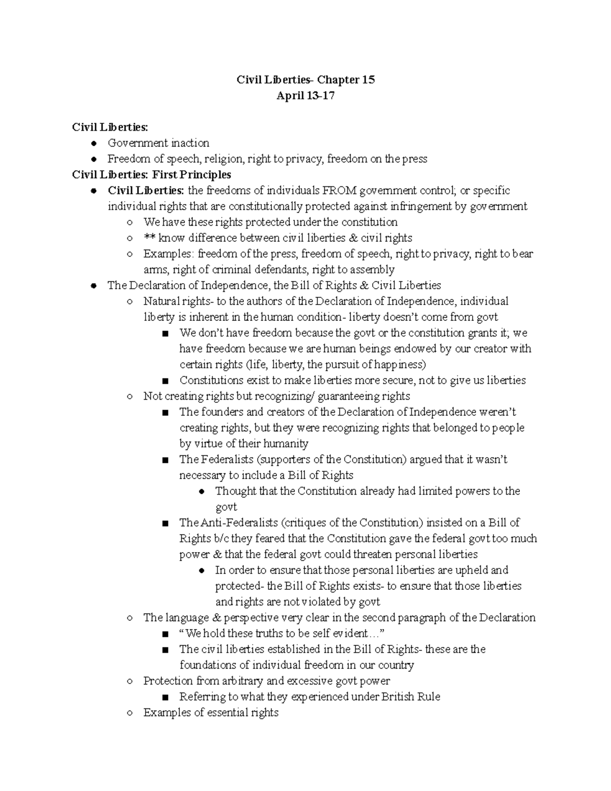 Civil Liberties Lecture Notes - Civil Liberties- Chapter 15 April 13 ...
