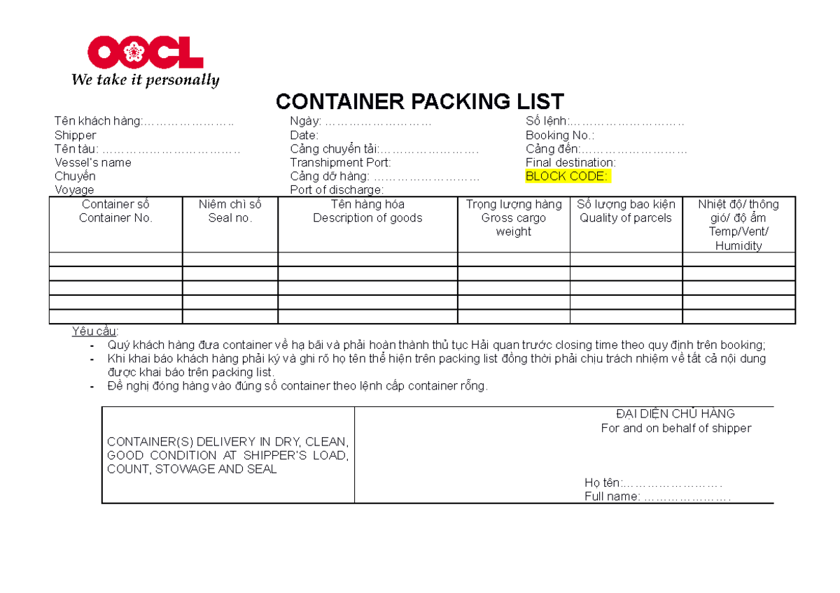 Packing list - CONTAINER PACKING LIST Tên khách hàng ...