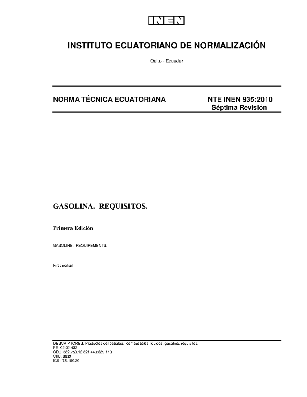 935-7 - Requisitos de las gasolinas en el Ecuador, por los metodos RON ...