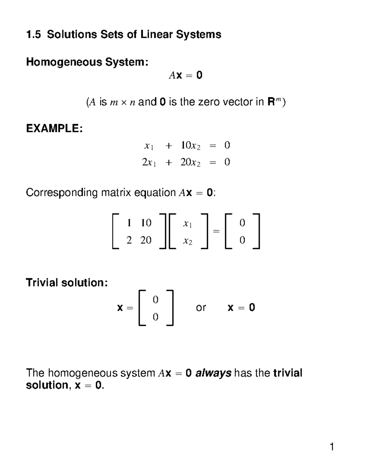 Sec1 5ov - bmla lecture notes - 1 Solutions Sets of Linear Systems ...
