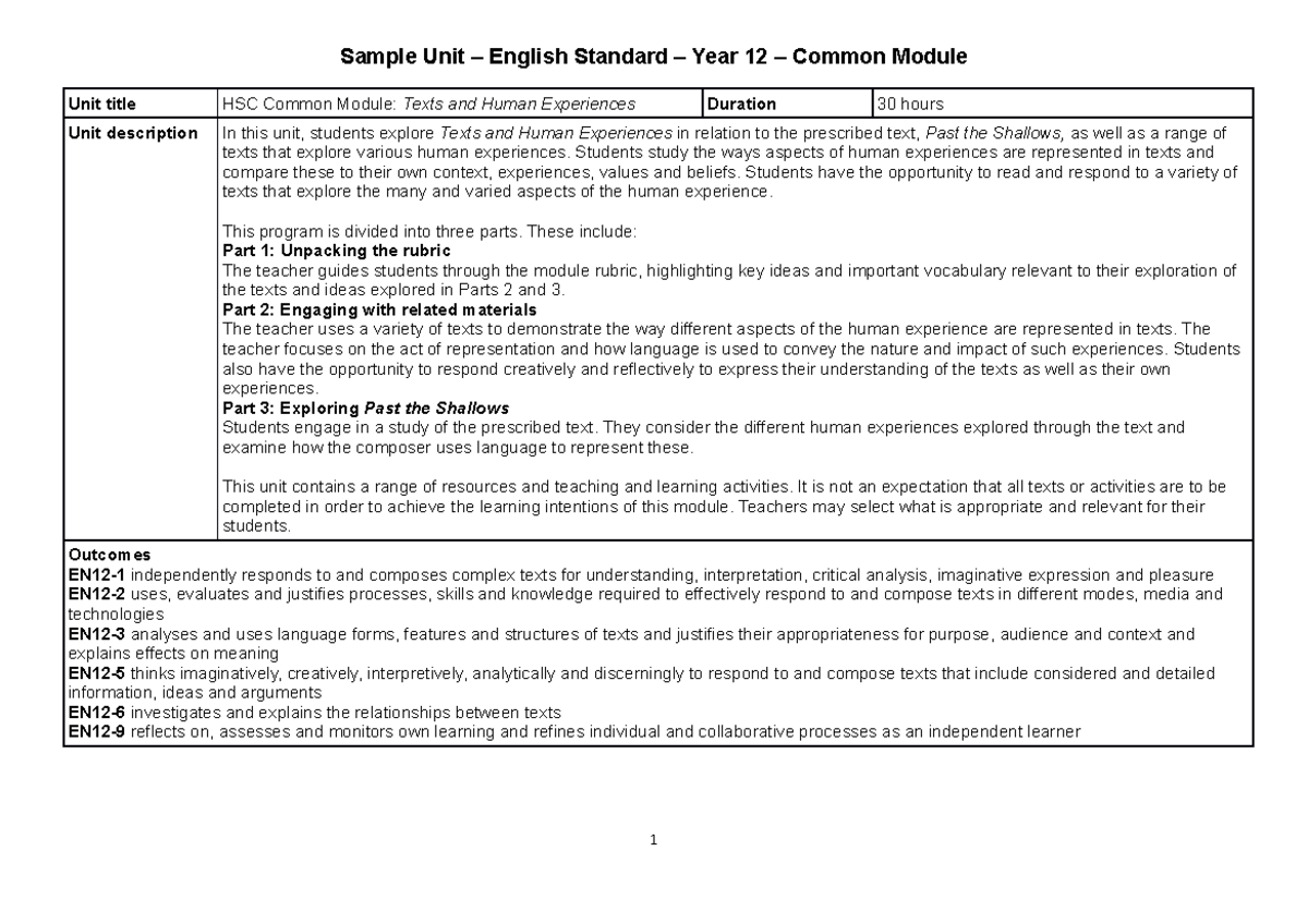 Sample unit standard year 12 common module past the shallows - Sample ...