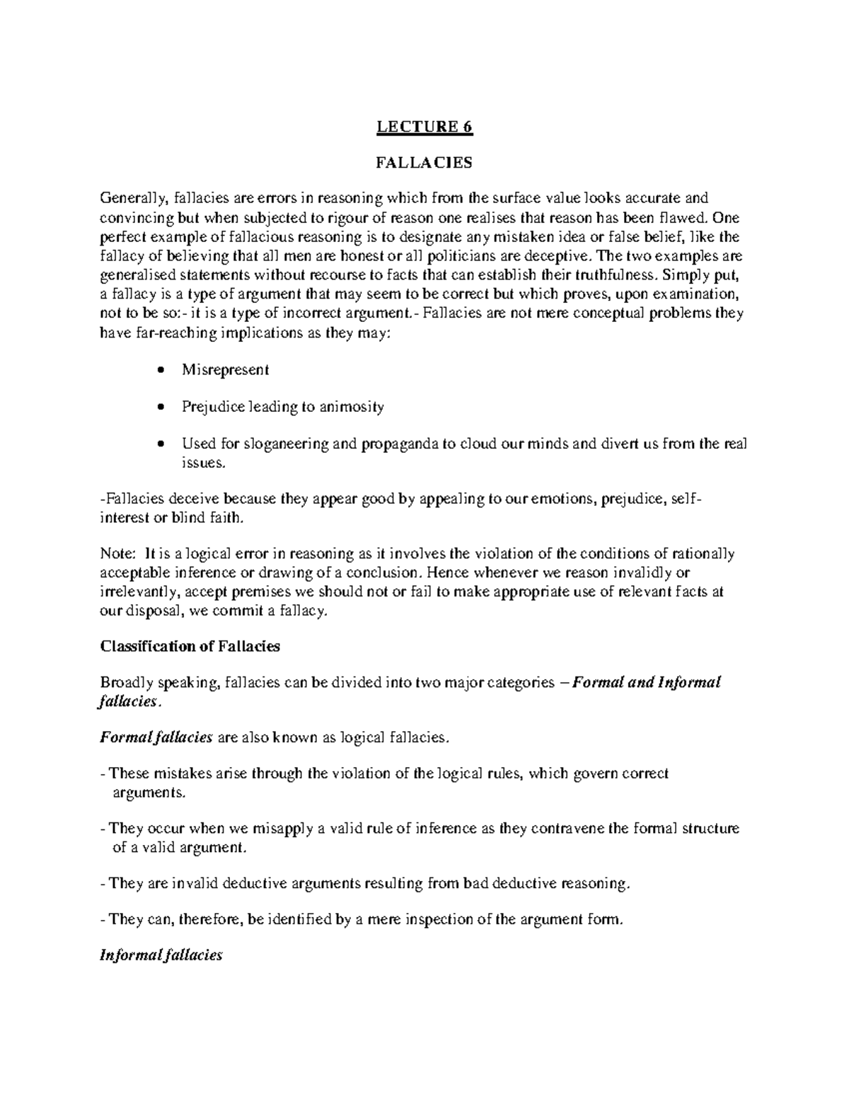 Lecture 6- ucu 111 - notes - LECTURE 6 FALLACIES Generally, fallacies ...