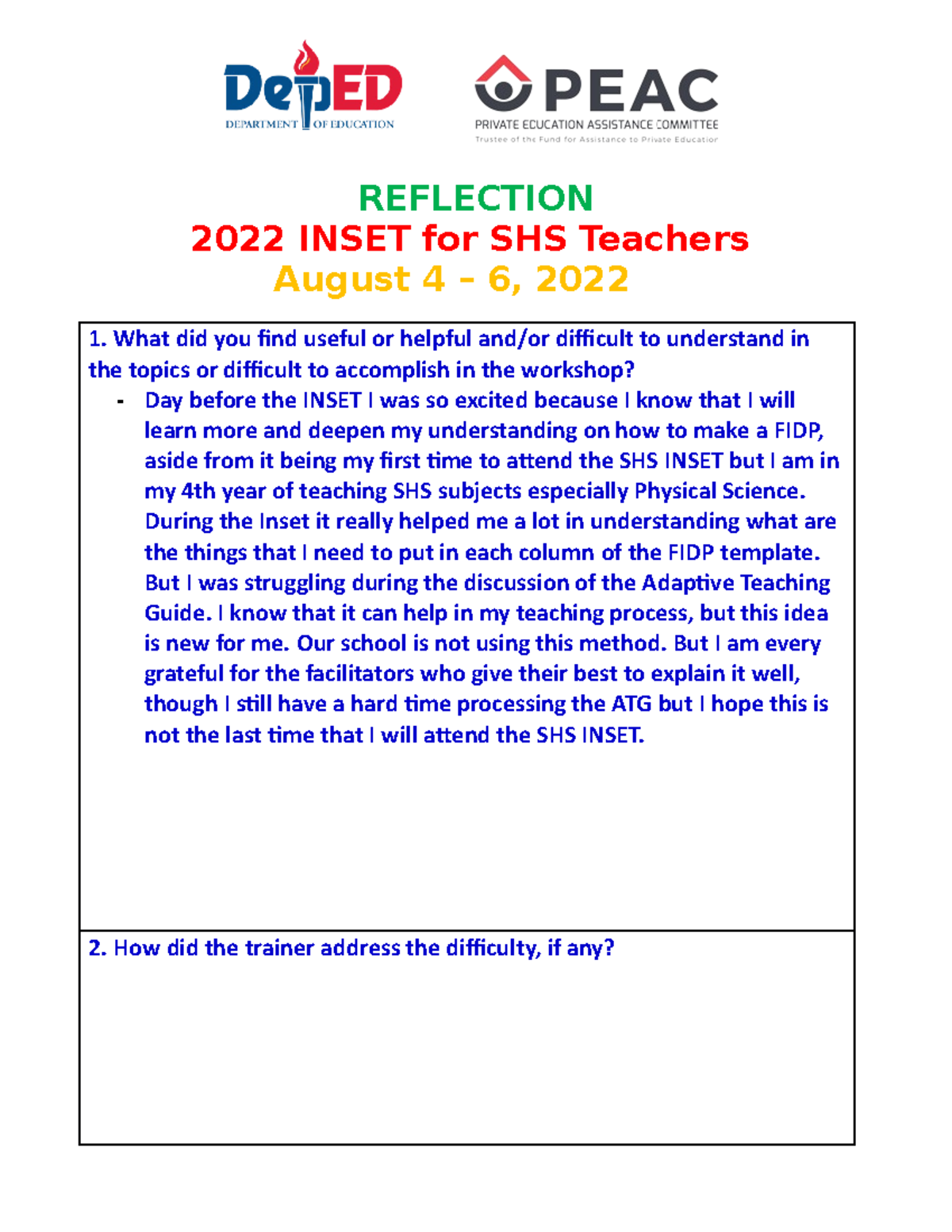 PEAC Reflection 2022Aug4 6 - REFLECTION 2022 INSET for SHS Teachers ...