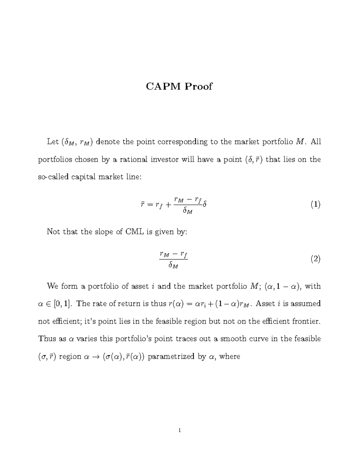 CAPM - CAPM Model notes - CAPM Proof Let (δM,rM) denote the point ...