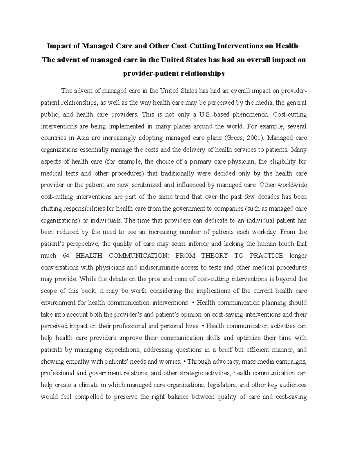 Impact of Managed Care and Other Cost-Cutting Interventions on Health ...