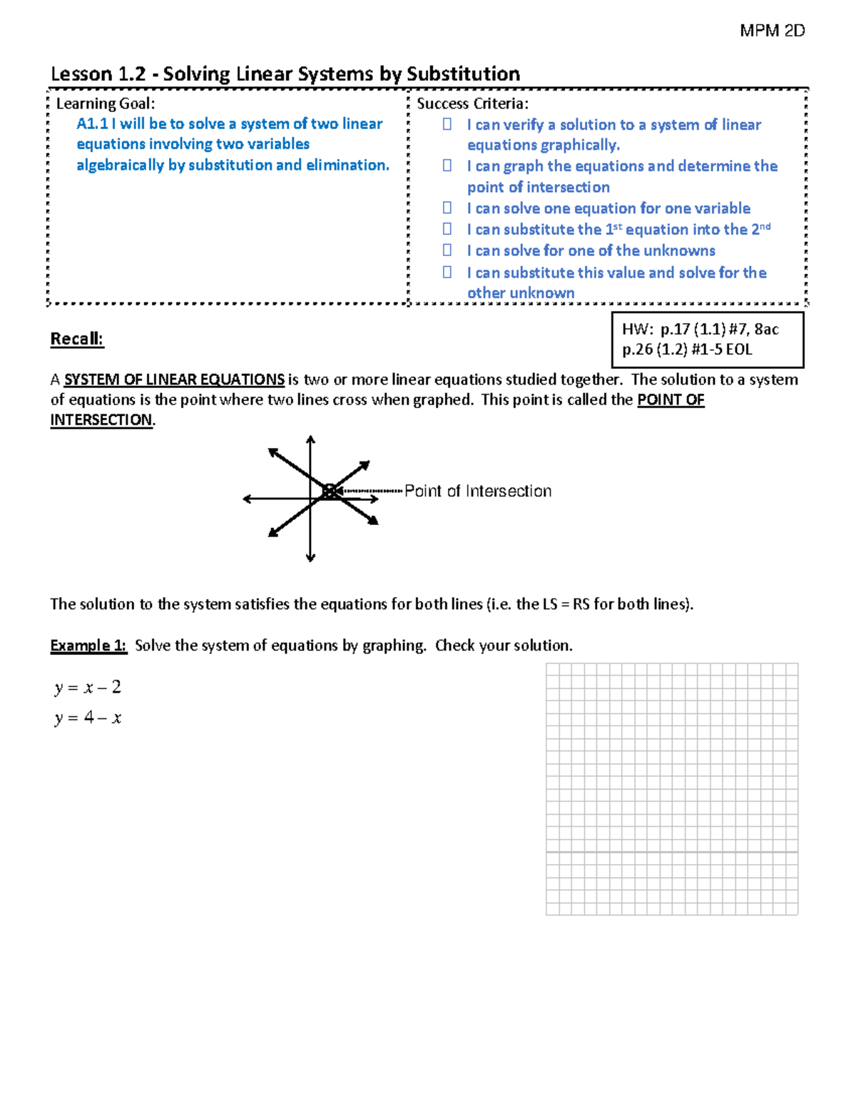 1 2 Solving Linear Systems By Substitution Mpm 2d Lesson 1 Solving