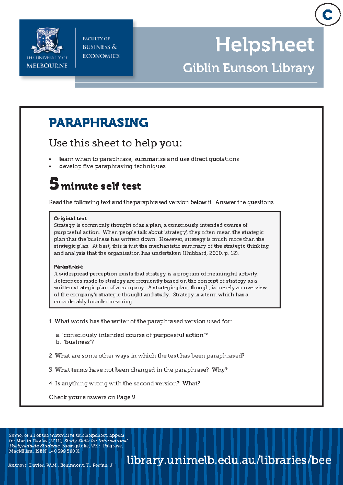 Notes Paraphasing - GOODLUCK - PARAPHRASING library.unimelb.edu ...